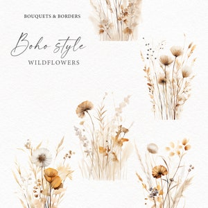 Watercolor Boho Floral Borders Clipart, Dried Wildflowers Frames Png ...
