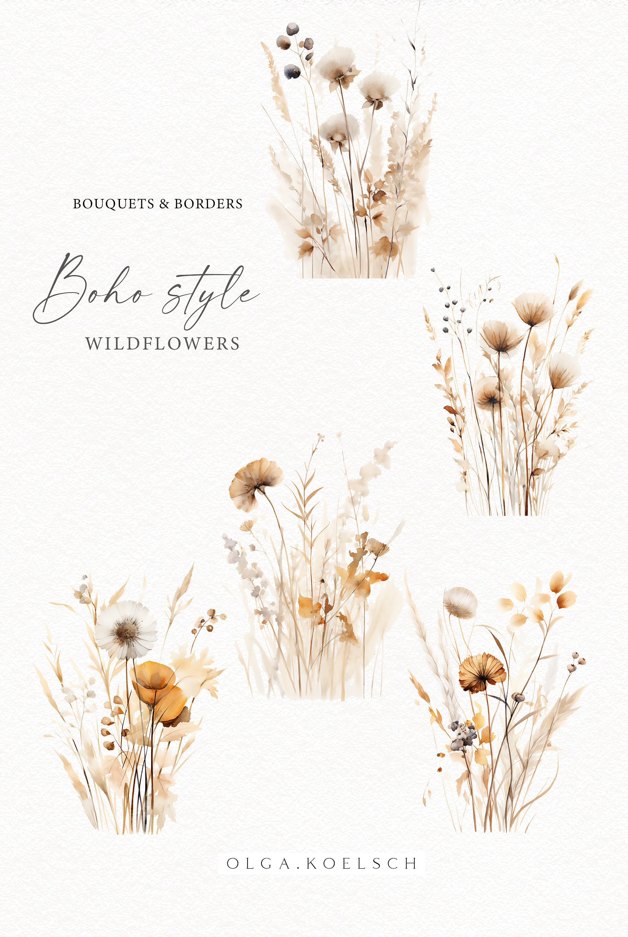 Watercolor Boho Floral Borders Clipart, Dried Wildflowers Frames Png ...