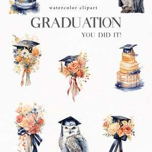 Graduation Clipart, Watercolor Graduation Clip Art. Grad Cap, Diploma ...