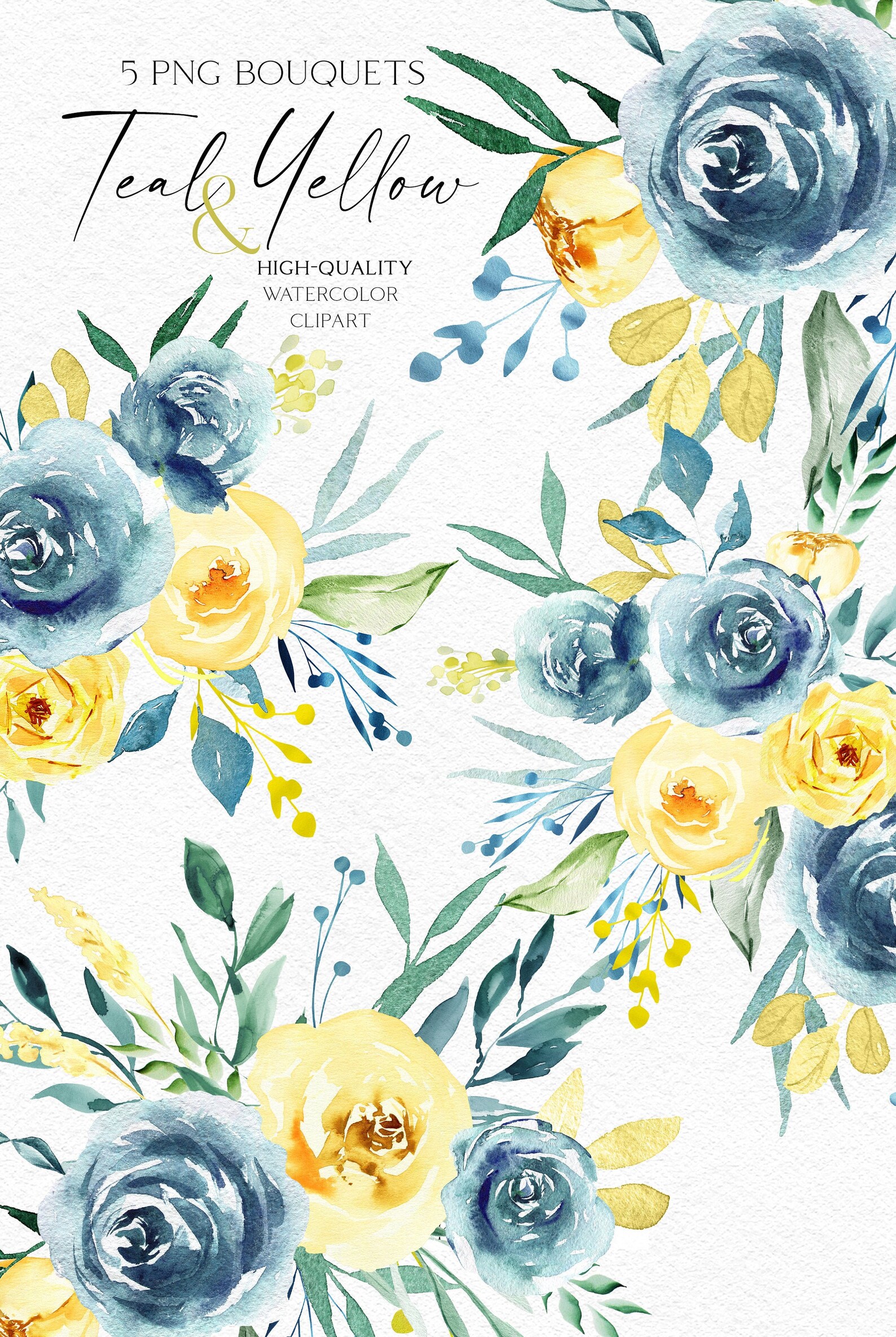 Boho Roses Teal Clipart Watercolor Yellow Turquoise Floral - Etsy