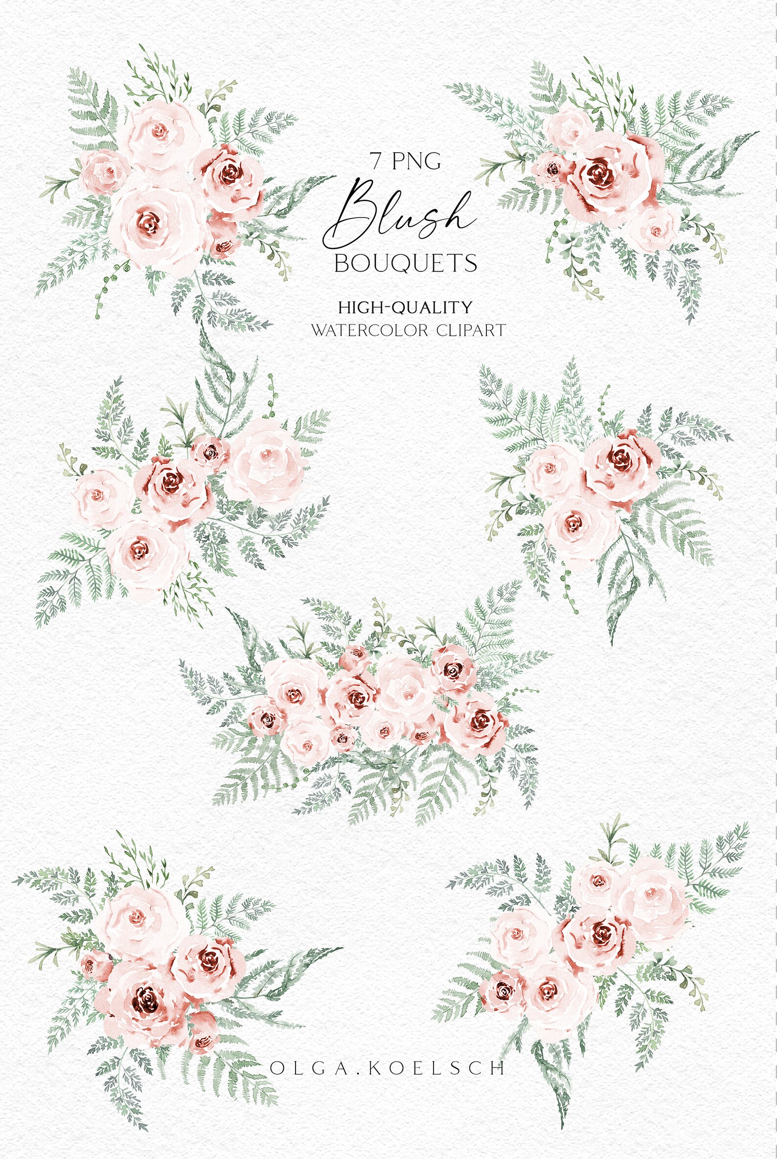 Boho Roses Bouquets Clipart, Watercolor Fern Floral Borders Png ...