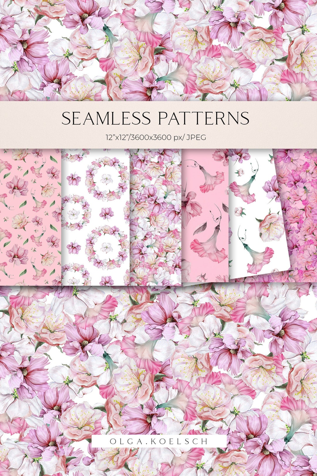 Boho Seamless Pattern for Fabric, Watercolor Pink Flower Seamless ...