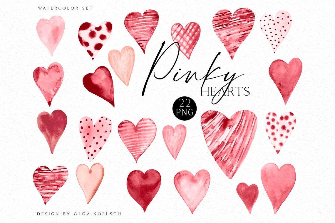 Watercolor Pink Hearts Clipart, Valentine Day Heart Clipart, Hand ...