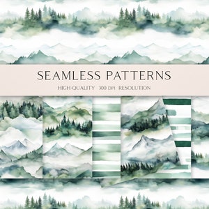 Watercolor Mountain Landscape Seamless Pattern for Fabric, Green Forest ...