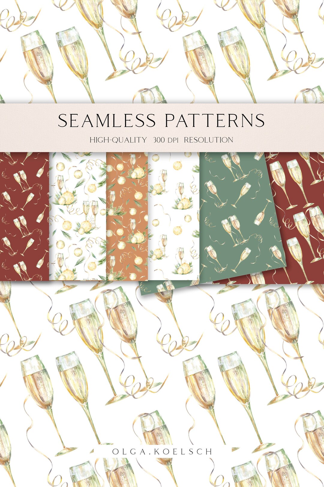 Watercolor Champagne Clipart, Christmas Paper Digital Seamless Pattern ...
