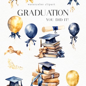 Graduation Clipart, Watercolor Graduation Clip Art. Grad Cap, Diploma ...