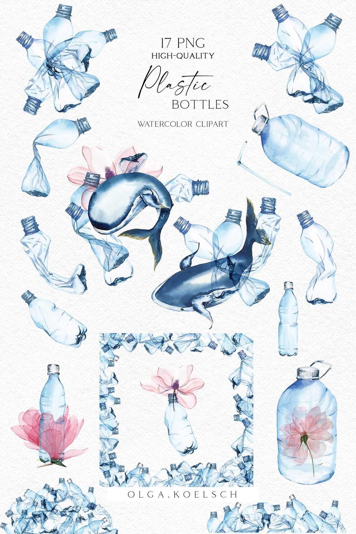 Watercolor Ecology Clipart Plastic Bottles Clipart for Earth | Etsy