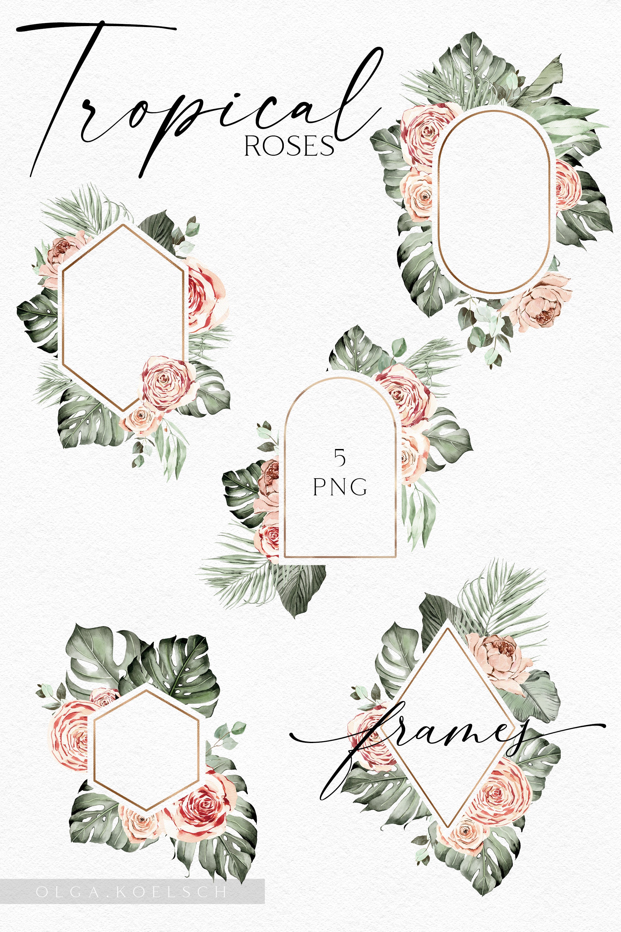 Boho Tropical Clipart, Watercolor Boho Roses Border Clipart, Palm ...