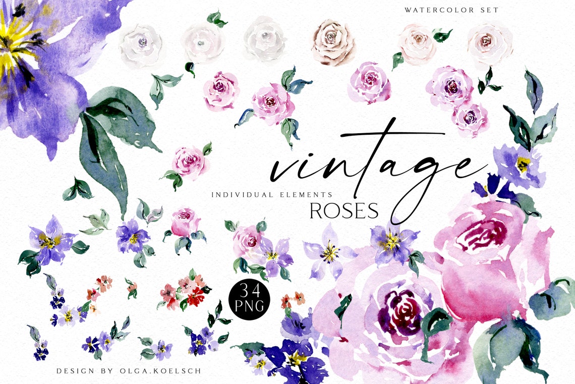 Watercolor boho roses clipart Pink and purple floral png for | Etsy
