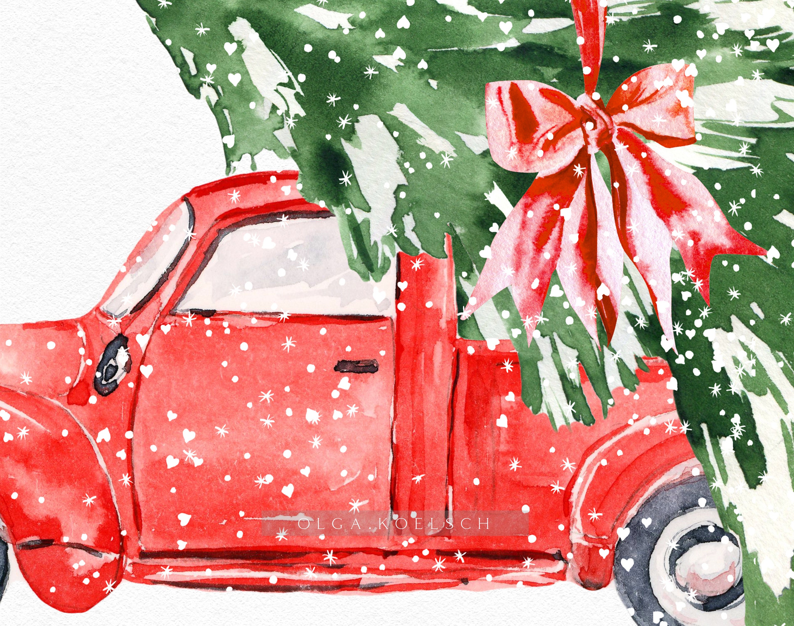 Watercolor Red Christmas Truck Clipart, Christmas Tree PNG (3000x3000 ...