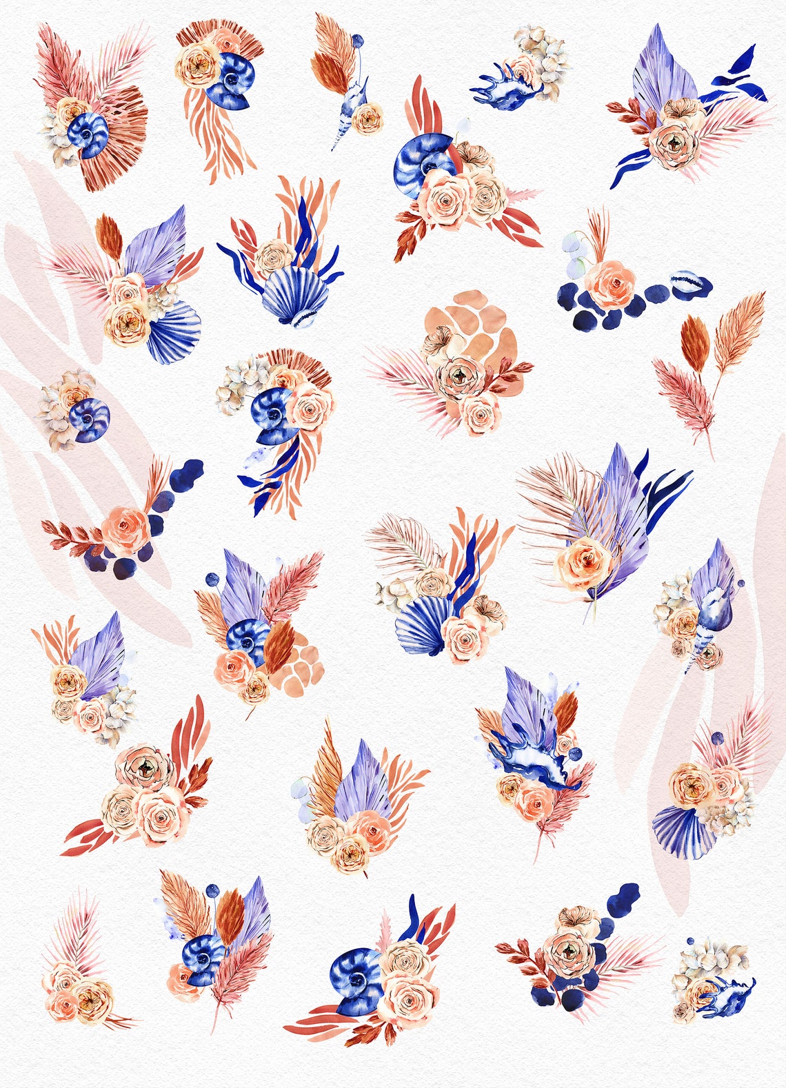 Tropical Watercolor Floral Clipart, Seashells, Boho Wedding (PNG) - Etsy
