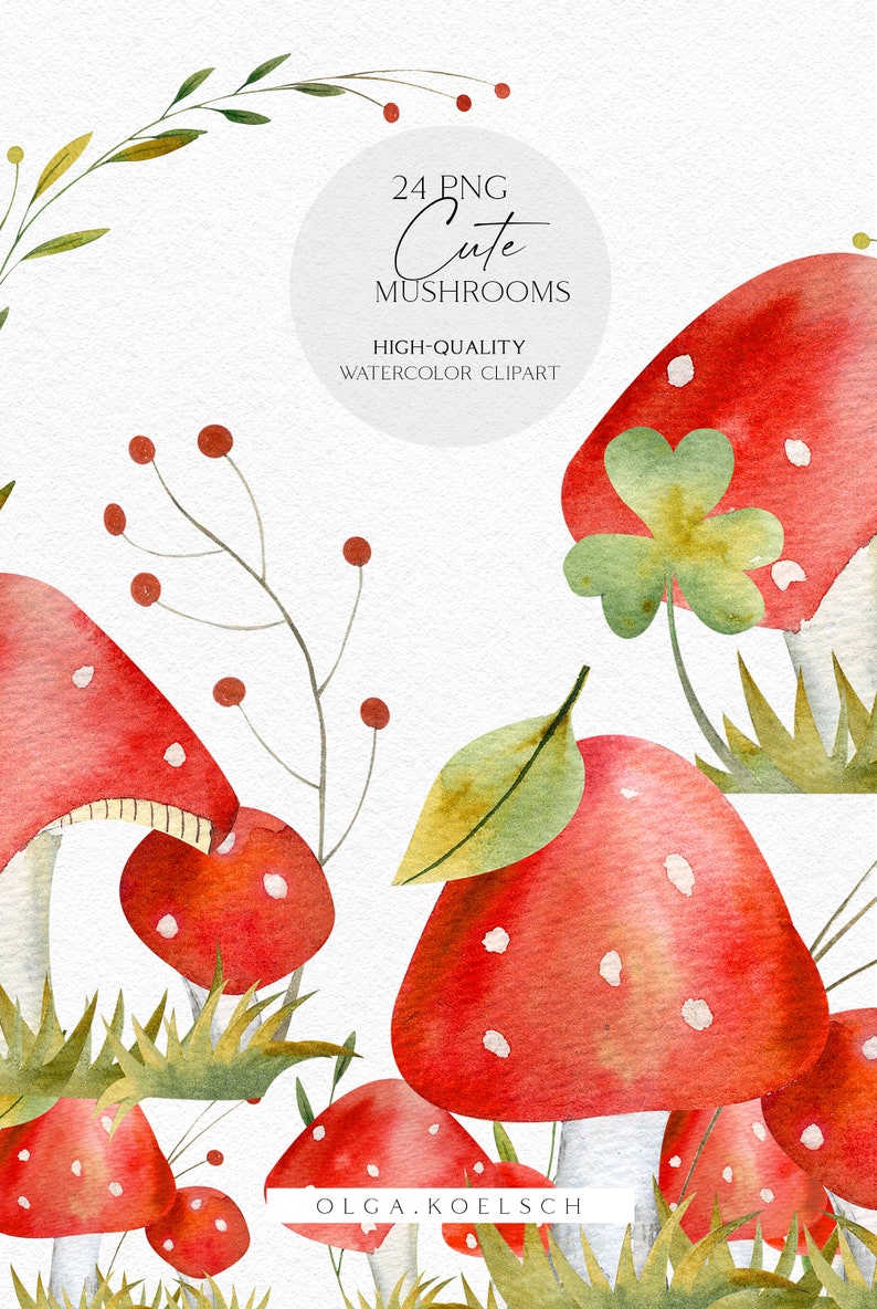 Watercolor mushroom clipart Forest mushrooms png red cute | Etsy