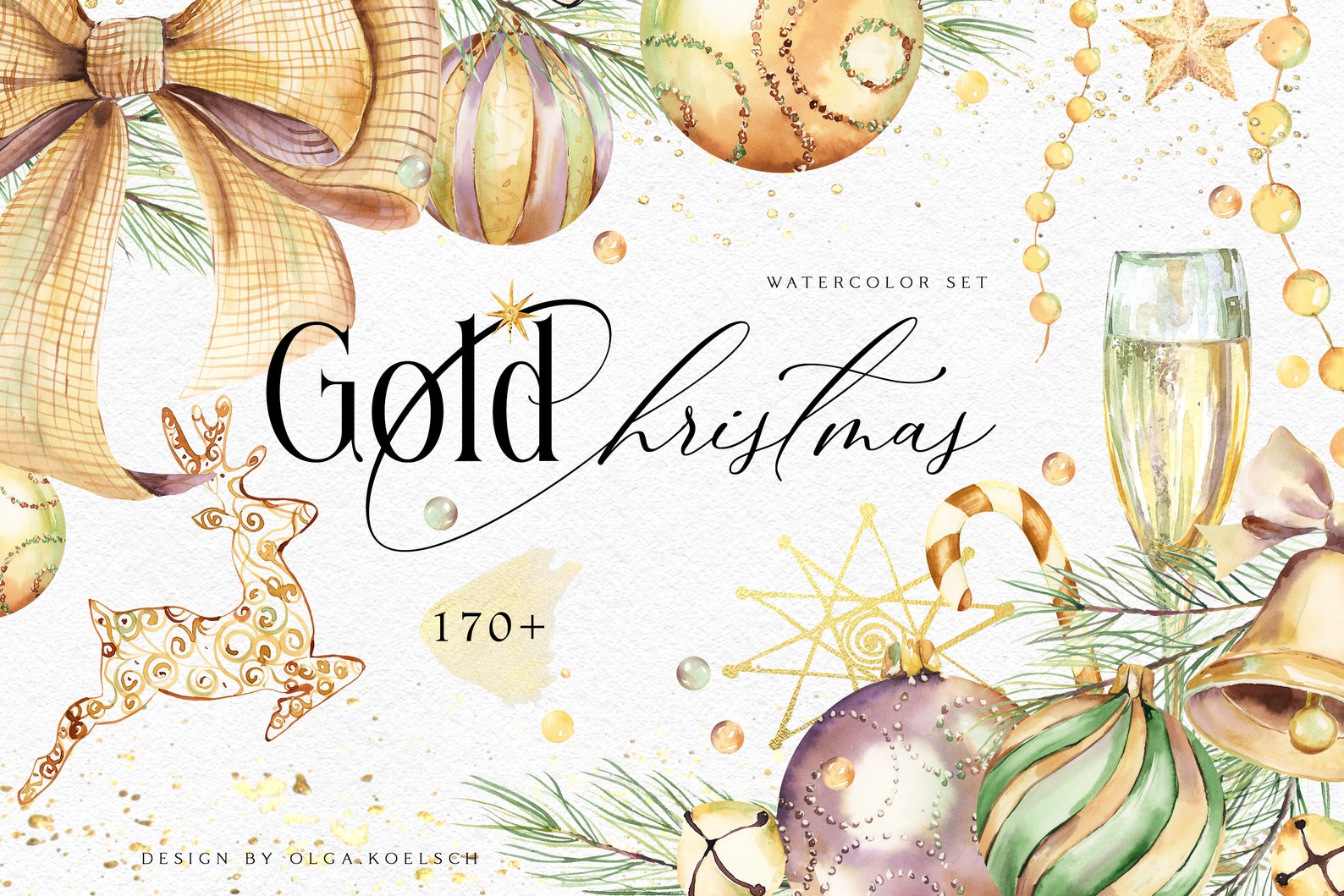 Watercolor Christmas Clip Art Golden Cristmas Wreath Png Champagne ...