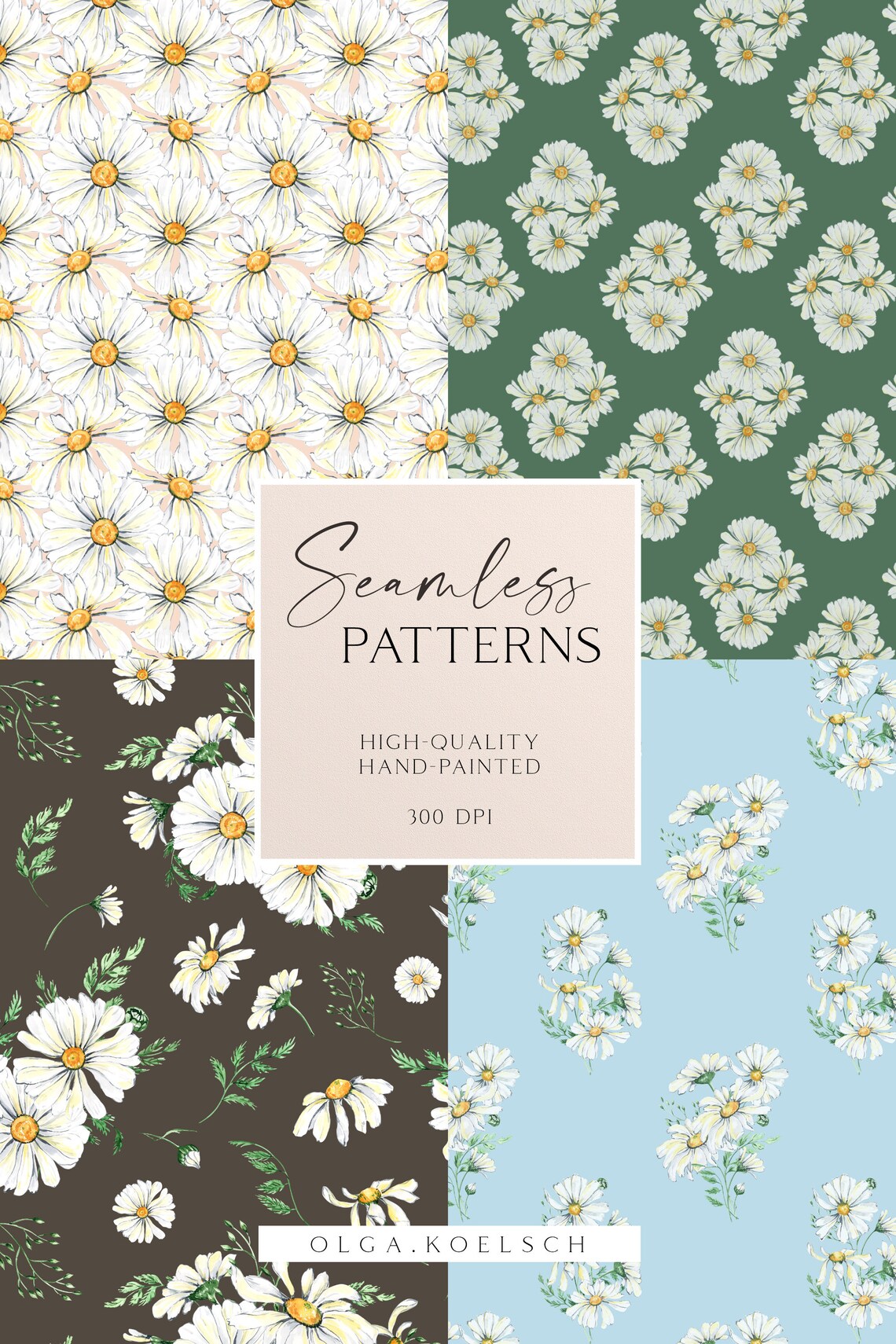Watercolor Daisy Digital Paper, Boho Daisies Seamless Pattern for ...