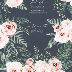 Boho Roses Bouquets Clipart, Watercolor Fern Floral Borders Png ...