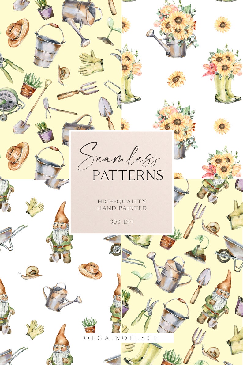 Watercolor garden digital paper Gardening seamless pattern | Etsy