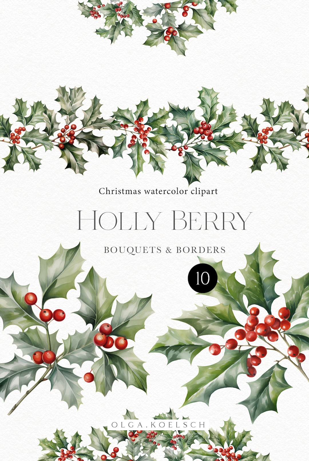 Watercolor Holly Berry Clipart for Christmas Scrapbook Greeting Cards ...