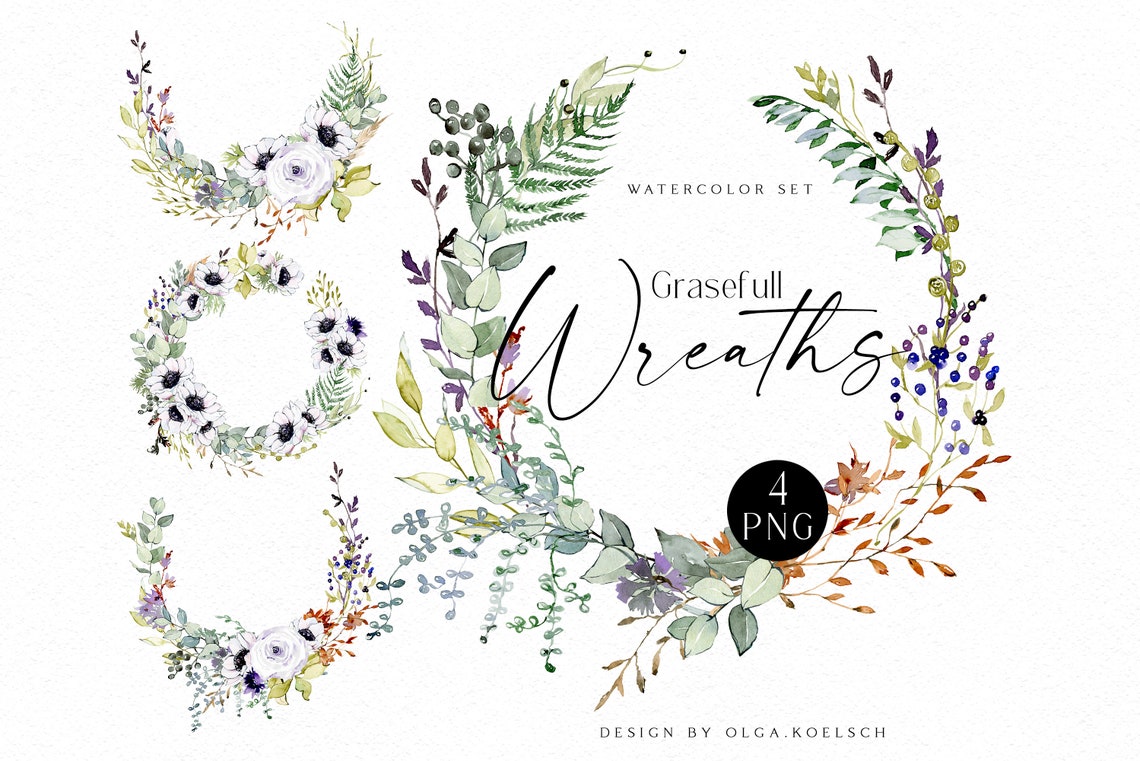 Watercolor Floral Wreath Clipart, Boho White Flowers and Greenery ...
