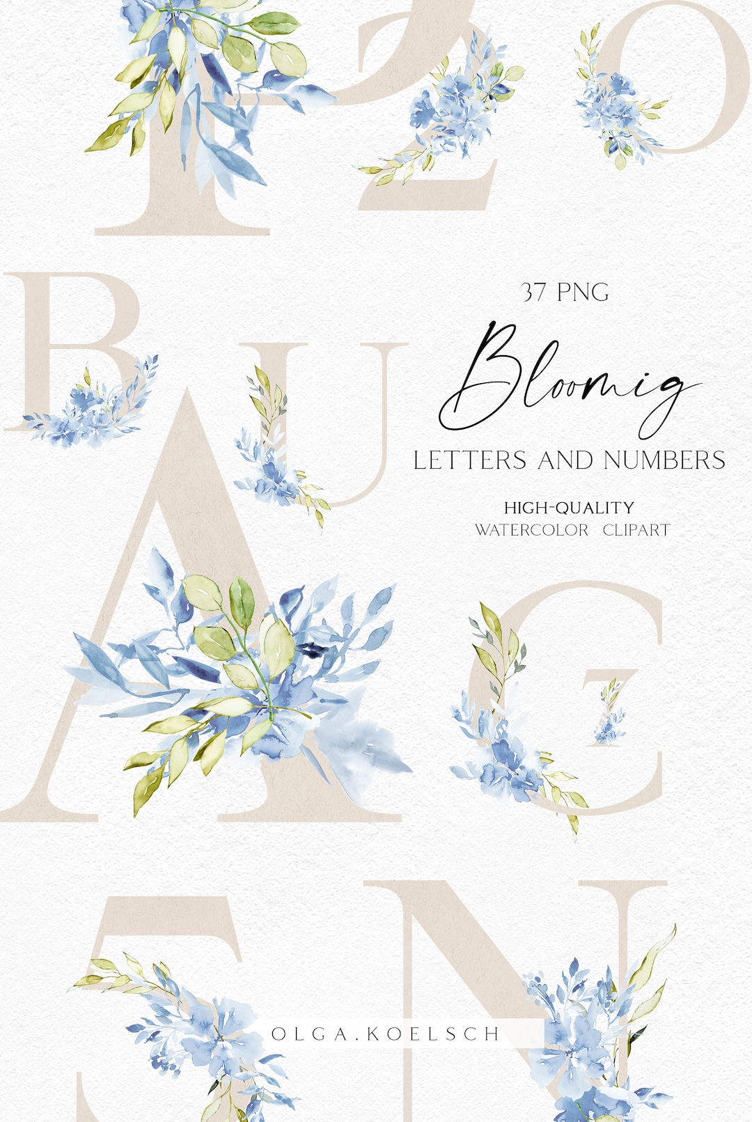 Boho Blue Wedding Alphabet Clipart, Watercolor Baby Blue and Greenery ...