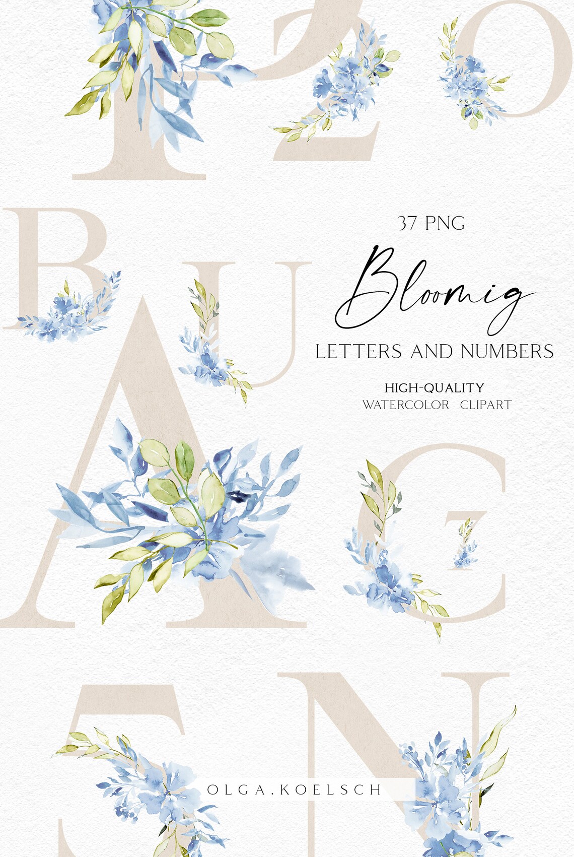 Boho Blue Wedding Alphabet Clipart, Watercolor Baby Blue and Greenery ...