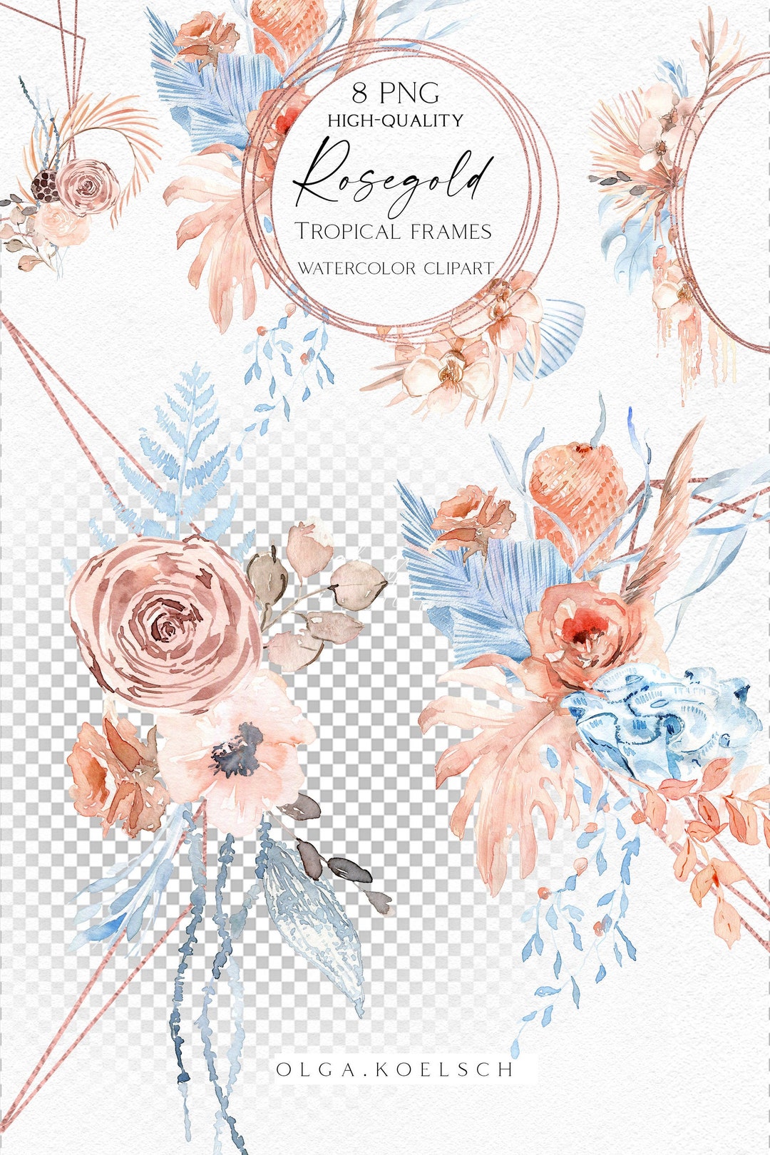 Watercolor Boho Tropical Frame, Rosegold Floral Frame With Palm Leaves ...