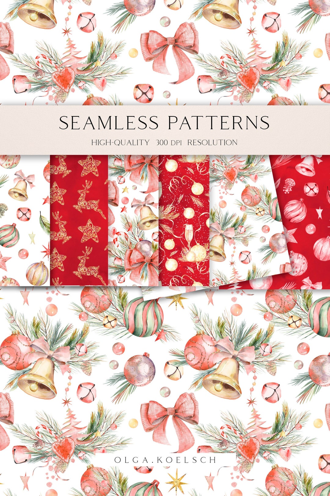 Red Christmas Pattern for Fabric, Christmas Ornament Digital Paper ...