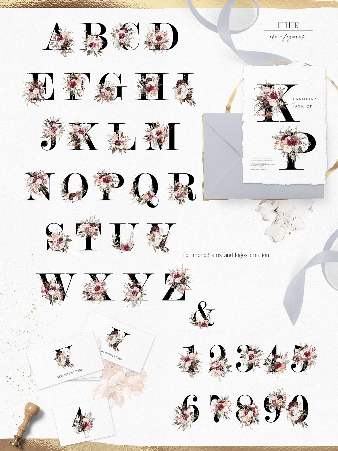 Boho Burgundy Wedding Alphabet Clipart, Watercolor Blush and Burgundy ...