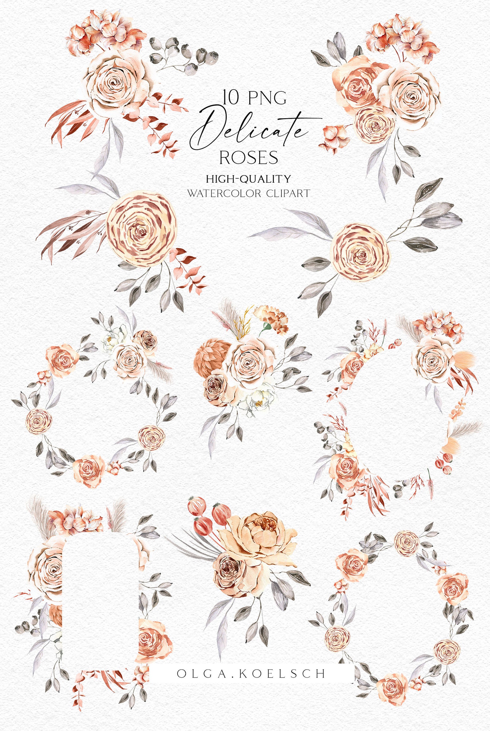 Watercolor Boho Roses Clipart. Boho Floral Frames Png. - Etsy