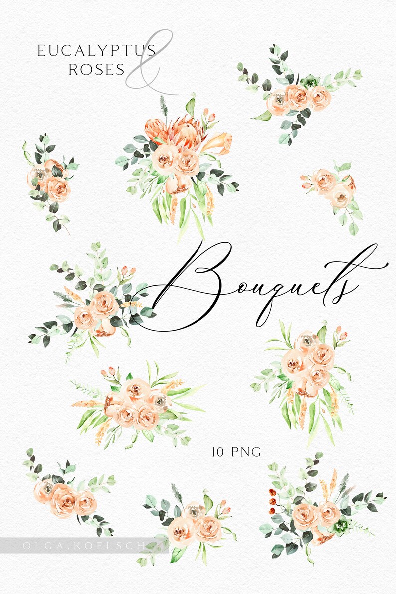 Watercolor Boho Bouquet Clipart. Roses and Eucalyptus Clipart - Etsy