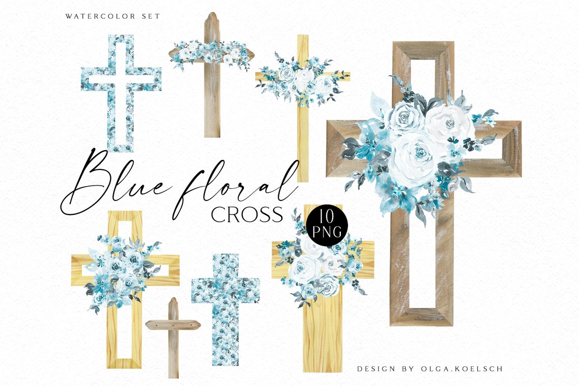 Watercolor Blue Floral Cross Clipart Religious Easter | Etsy