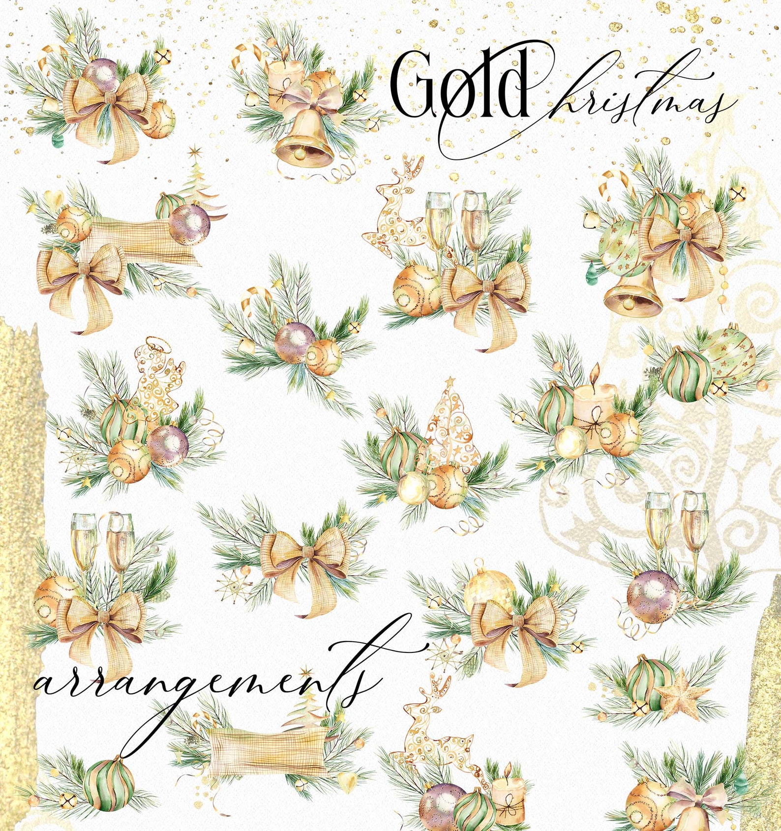 Watercolor Christmas Clip Art Golden Cristmas Wreath Png Champagne ...