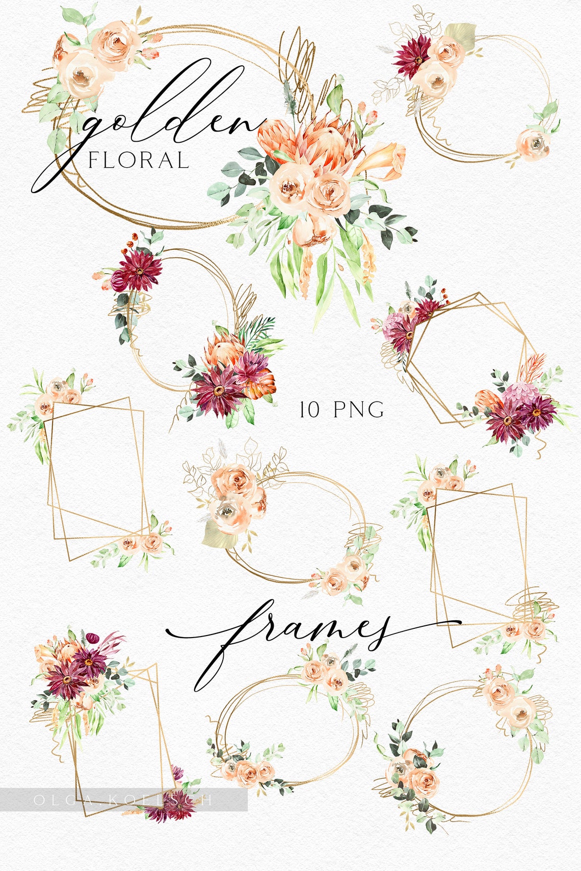 Watercolor Gold Frame Clipart. Boho Floral Border Png With - Etsy