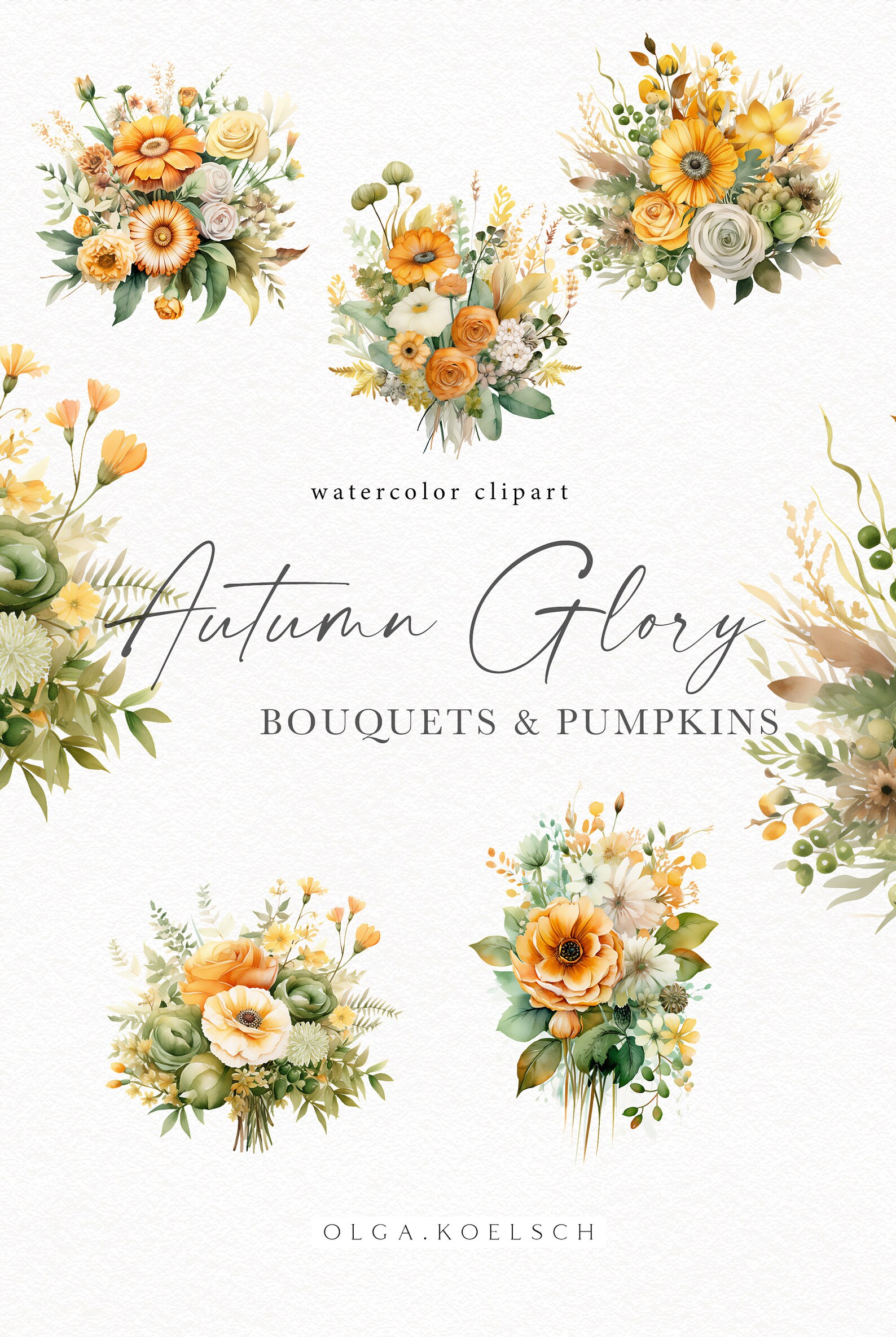 Watercolor Pumpkin Clipart, Floral Pumpkins Png With Autumn Flowers ...