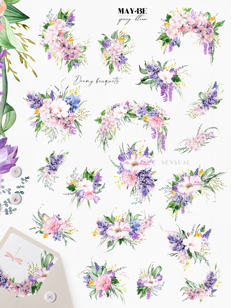 Watercolor Boho Flower Clipart Wedding Bouquets Png Digital - Etsy