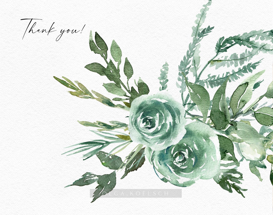 Boho Greenery Clipart Watercolor Green Floral Clipart for | Etsy