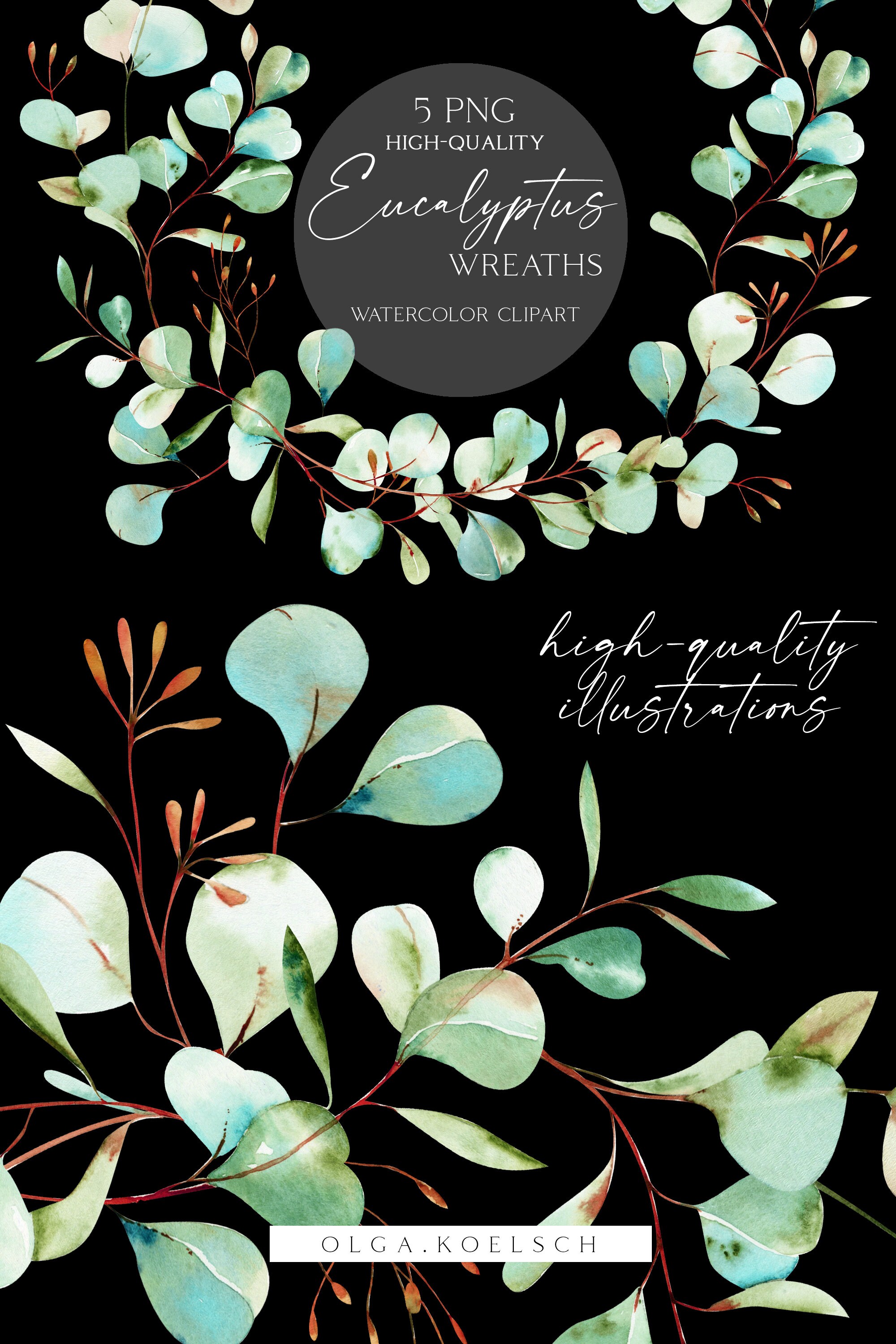 Watercolor Eucalyptus Wreath Clipart Greenery Borders - Etsy