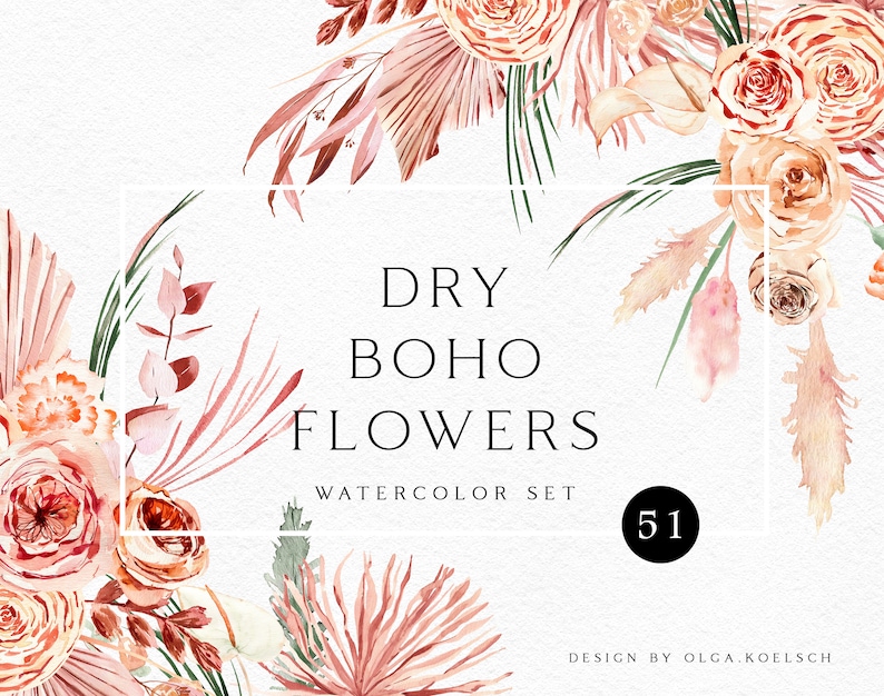 Boho Watercolor Floral Clipart, Tropical Palm, Pink Flowers (PDF) - Etsy