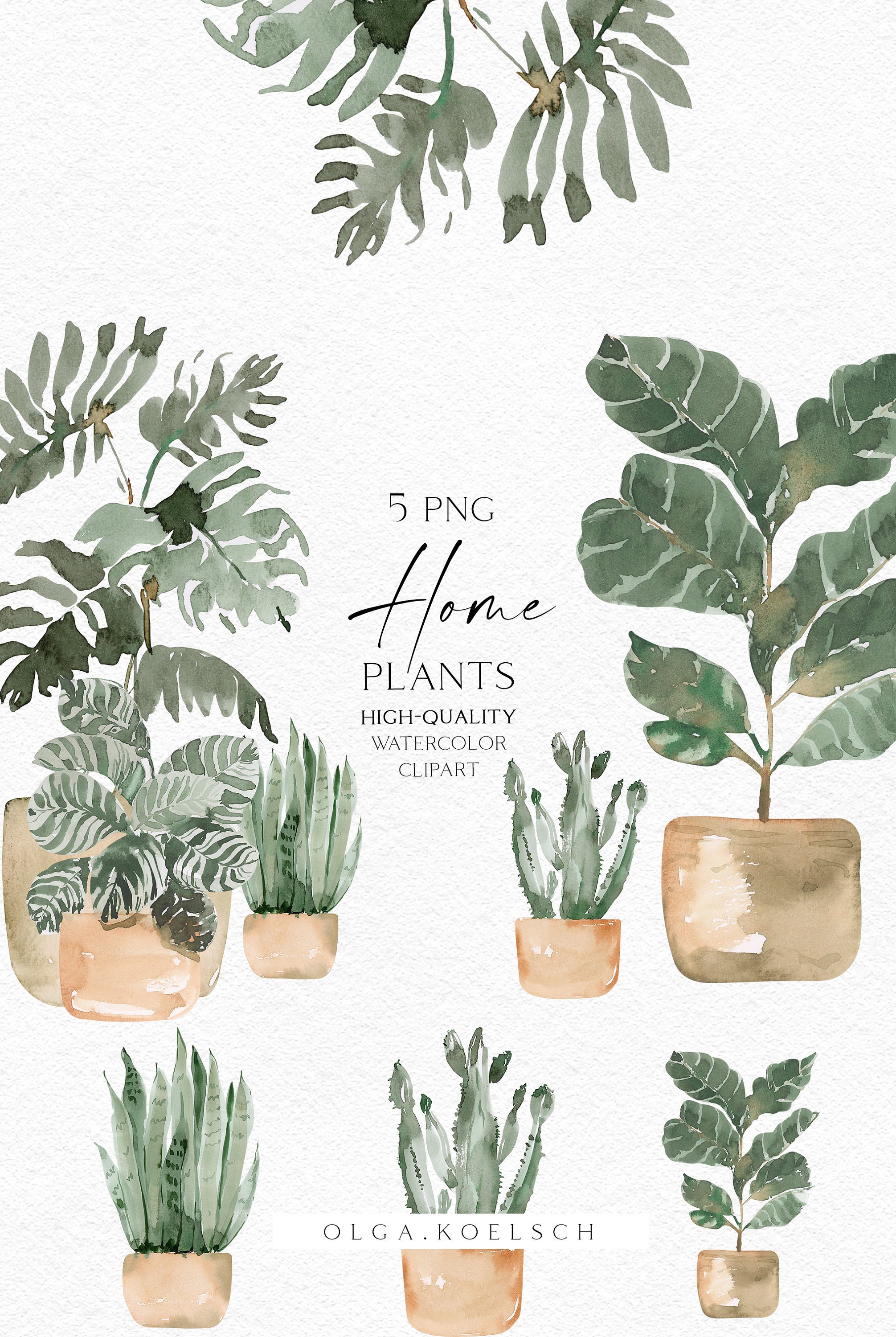 Watercolor Greenery Clipart, Home Plants Png, Green Leaves Png, Hand ...