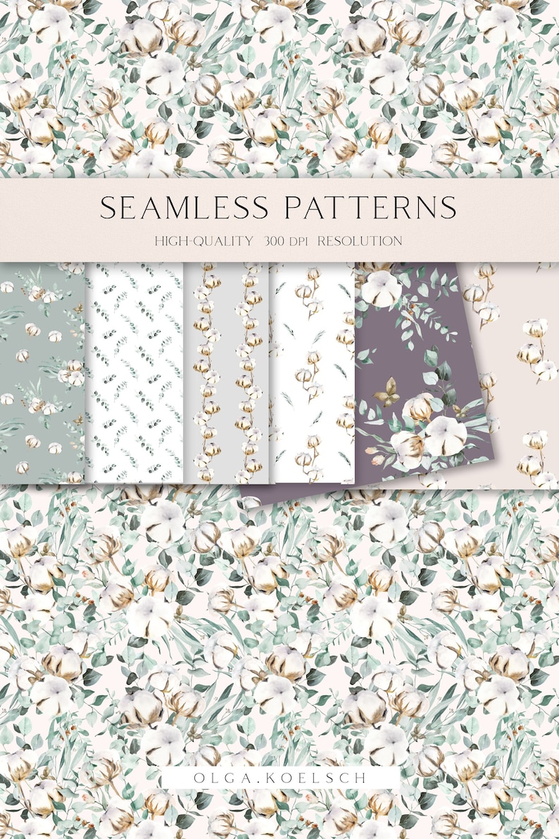Watercolor Cotton Seamless Pattern, Eucalyptus Seamless Paper for ...