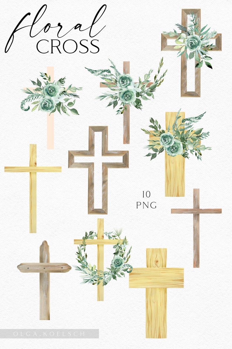 Watercolor Greenery Wooden Cross Clipart, Baptism Cross, Religious ...