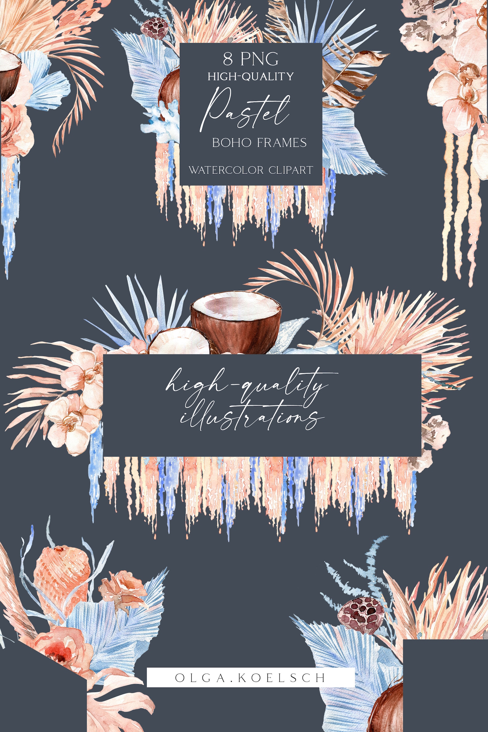 Watercolor boho clipart Tropical borders png Pink floral | Etsy