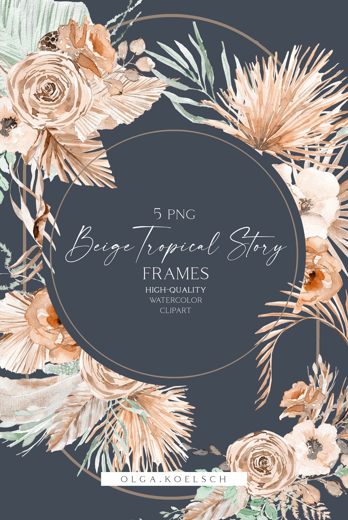 Watercolor Boho Frames Clipart, Palm Boho Roses Bouquets Png, Tropical ...