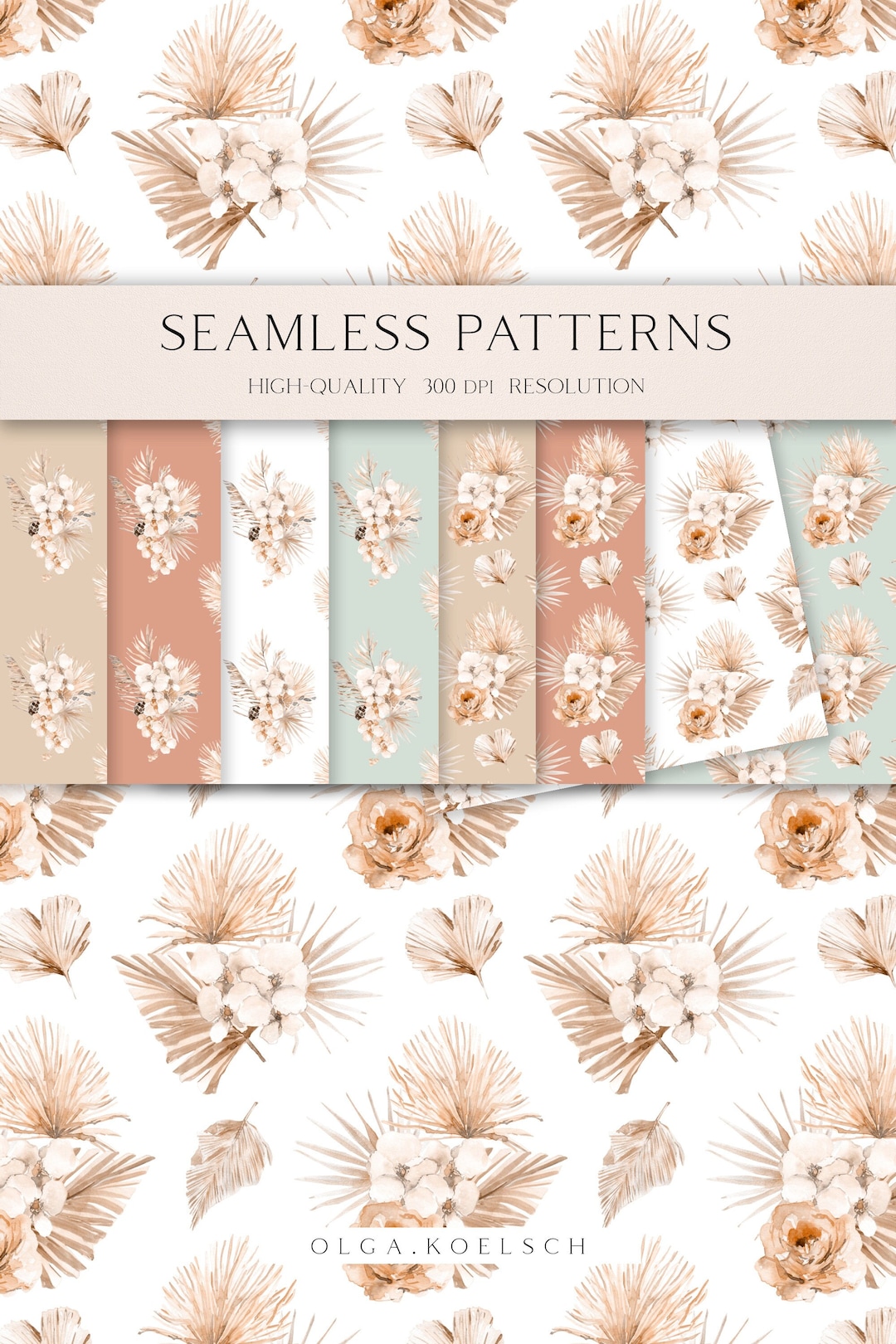 Boho Bouquets Watercolor Digital Paper, Flower Seamless Pattern for ...