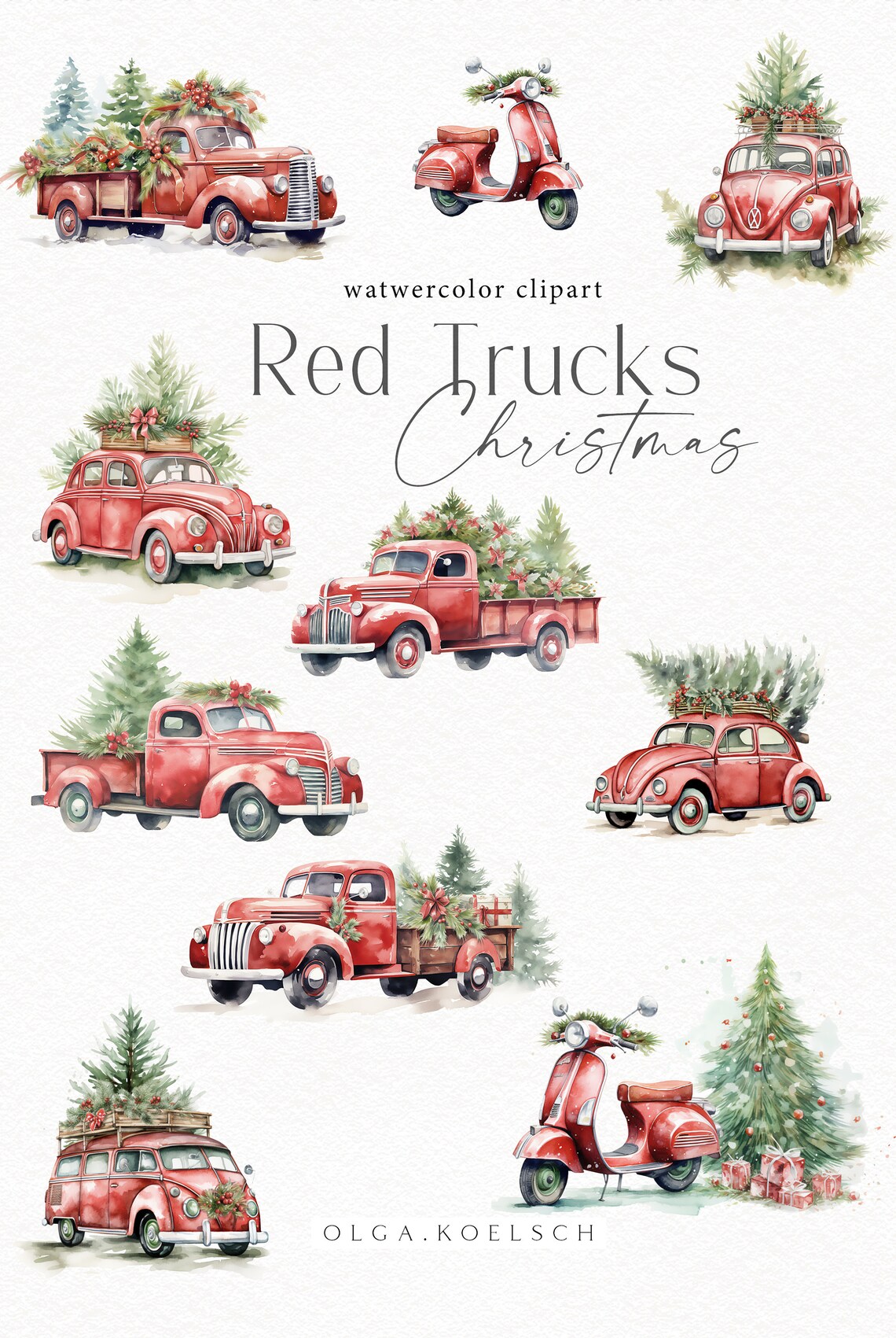 Red Christmas Truck Clipart, Watercolor Retro Christmas Car With ...
