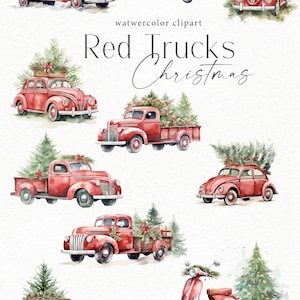 Red Christmas Truck Clipart, Watercolor Retro Christmas Car With ...