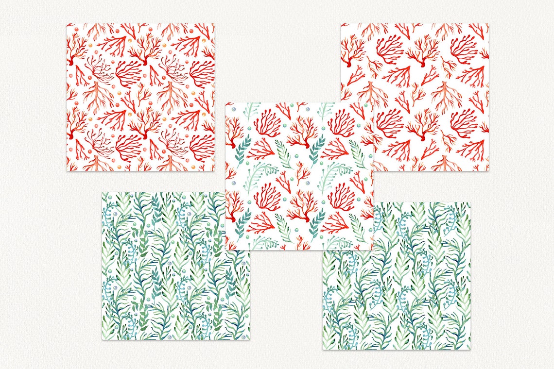 Watercolor Coral Digital Paper Pack Coral and Seaweed - Etsy