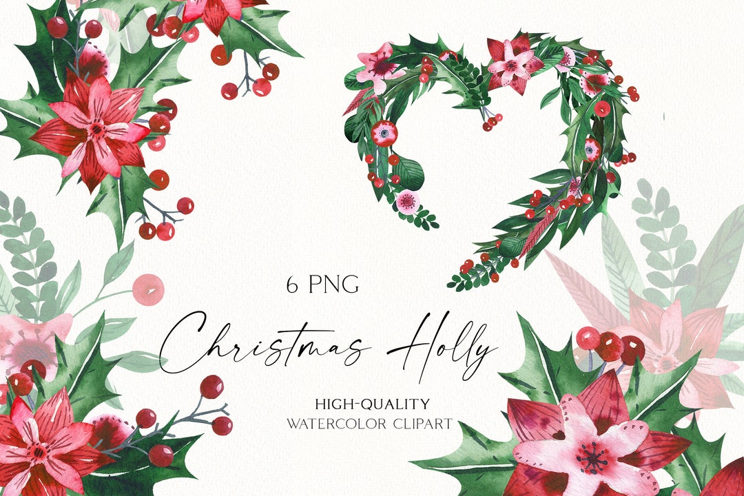 Watercolor Christmas Holly Clipart, Kawaii Christmas Wreath Png ...