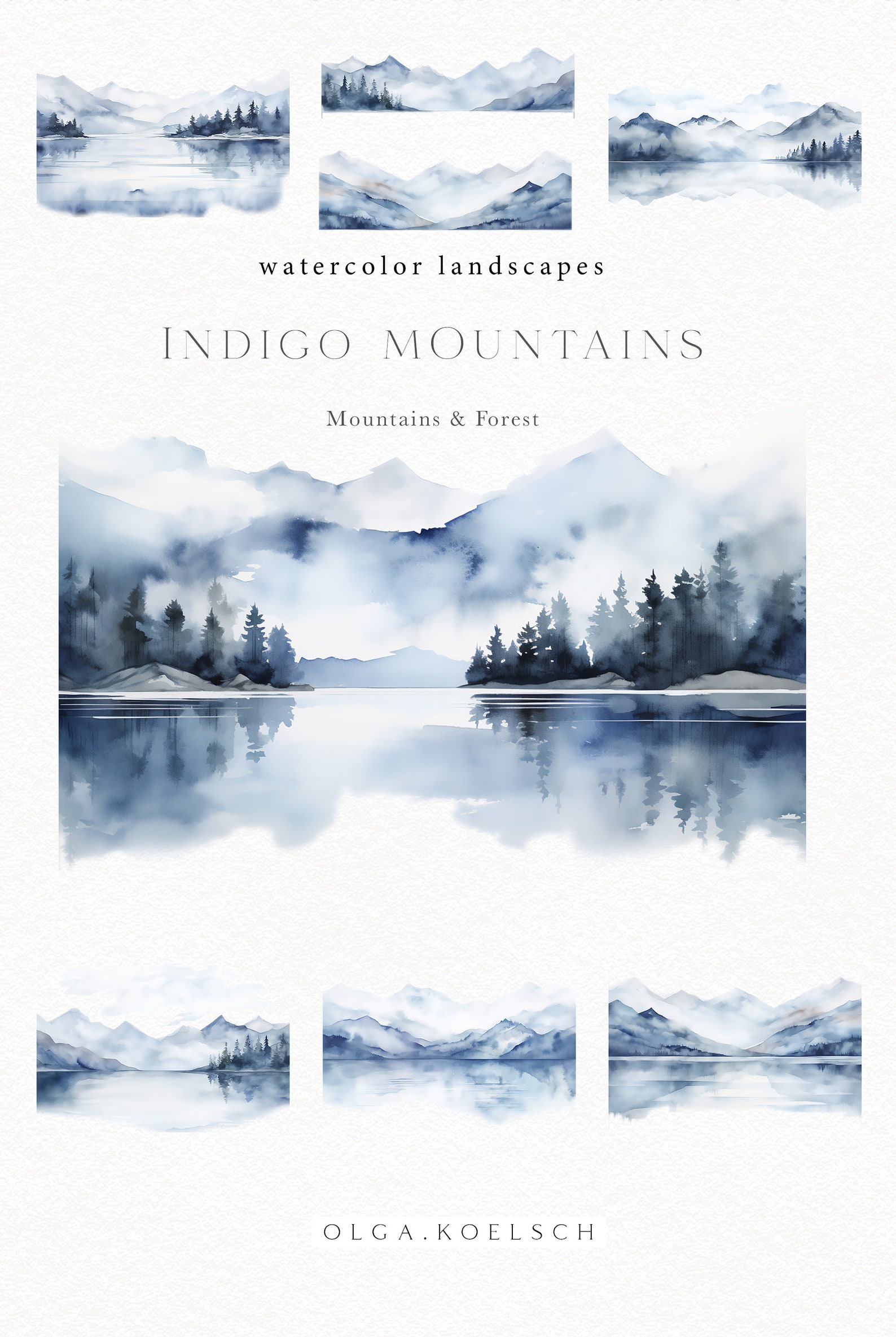 Watercolor Mountain Landscape Clipart, Blue Forest Landscape Png for ...