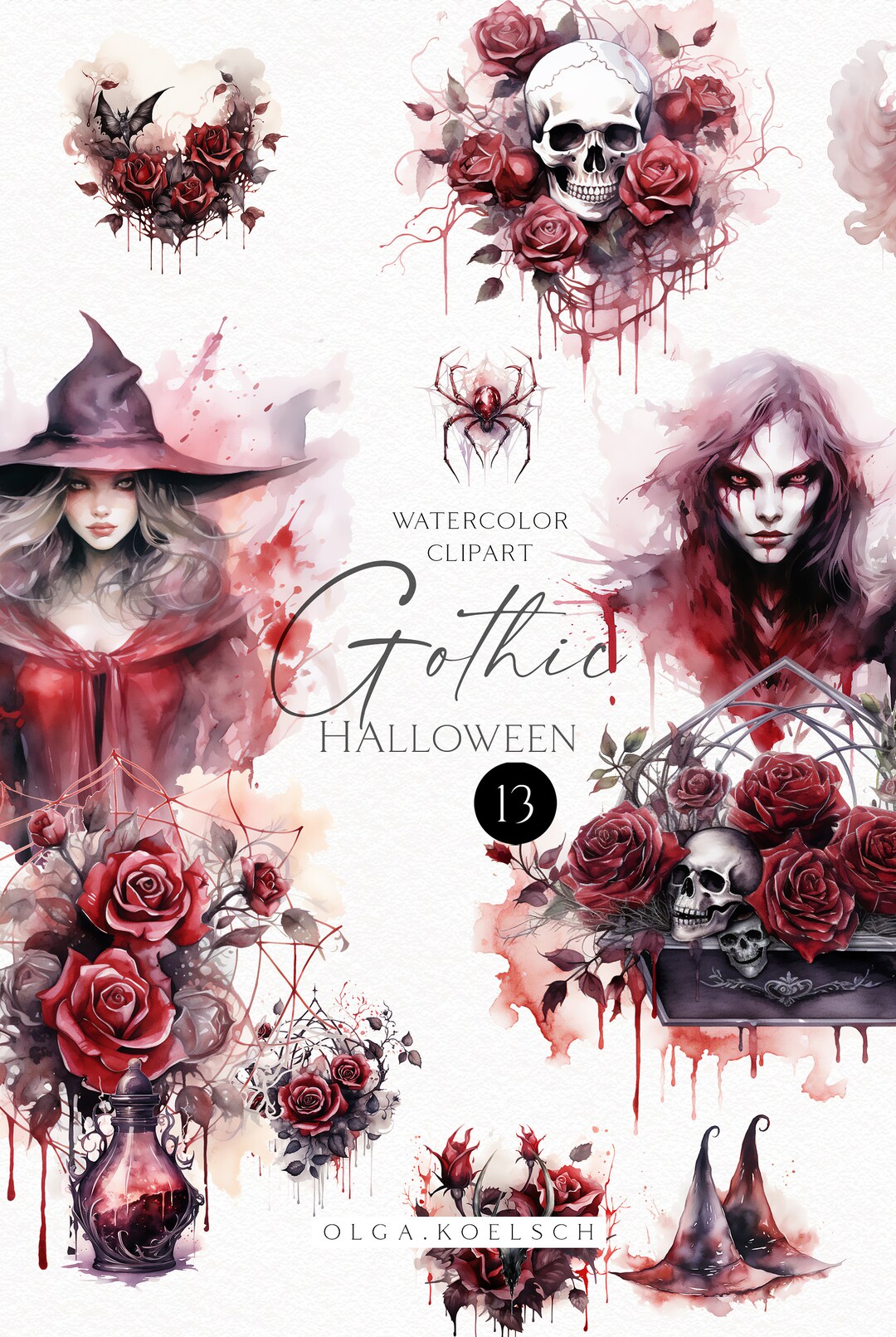 Watercolor Witchy Clipart, Gothic Halloween Digital, Witchcraft ...