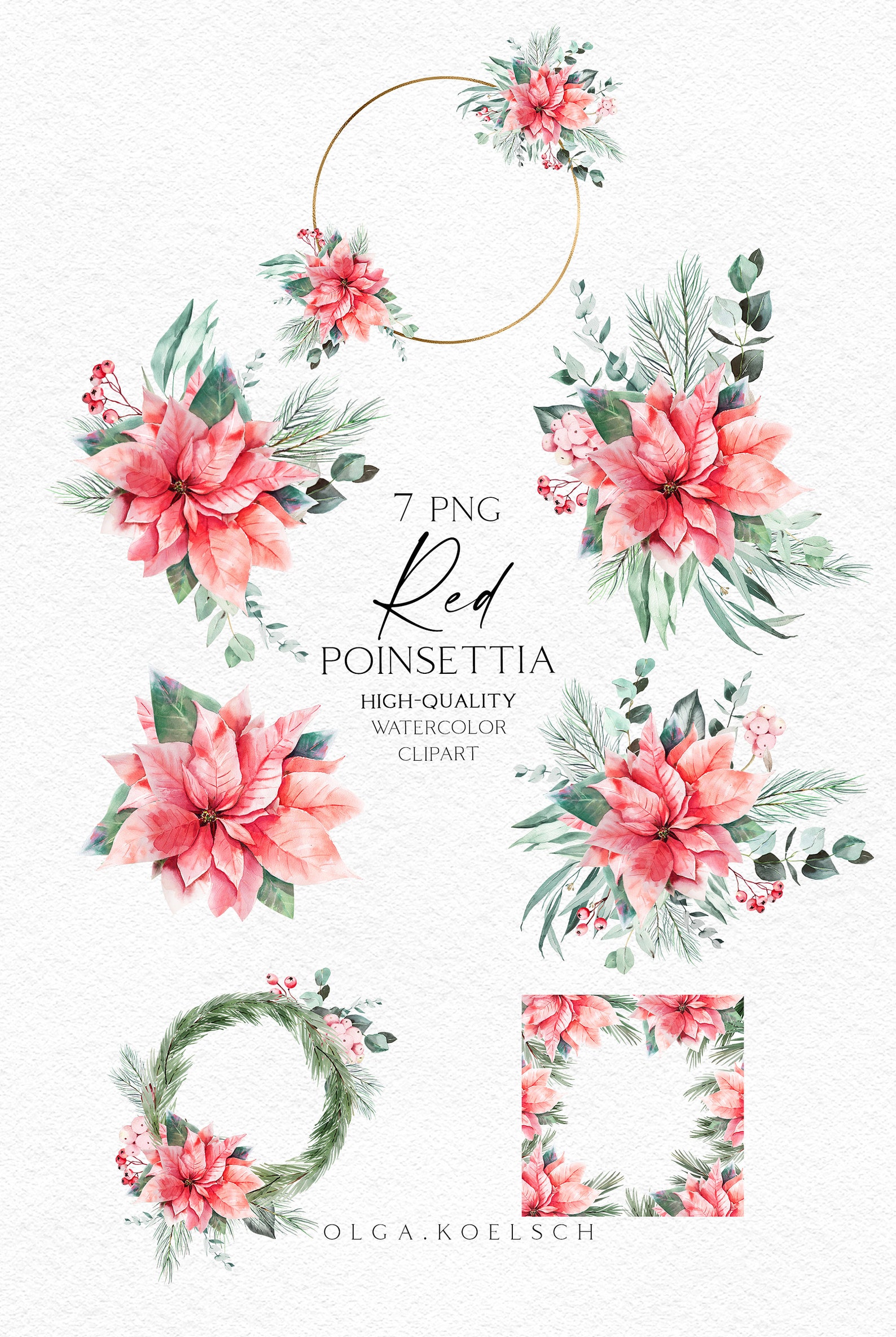 Watercolor Poinsettia Clipart Red Poinsettia Wreath Png - Etsy